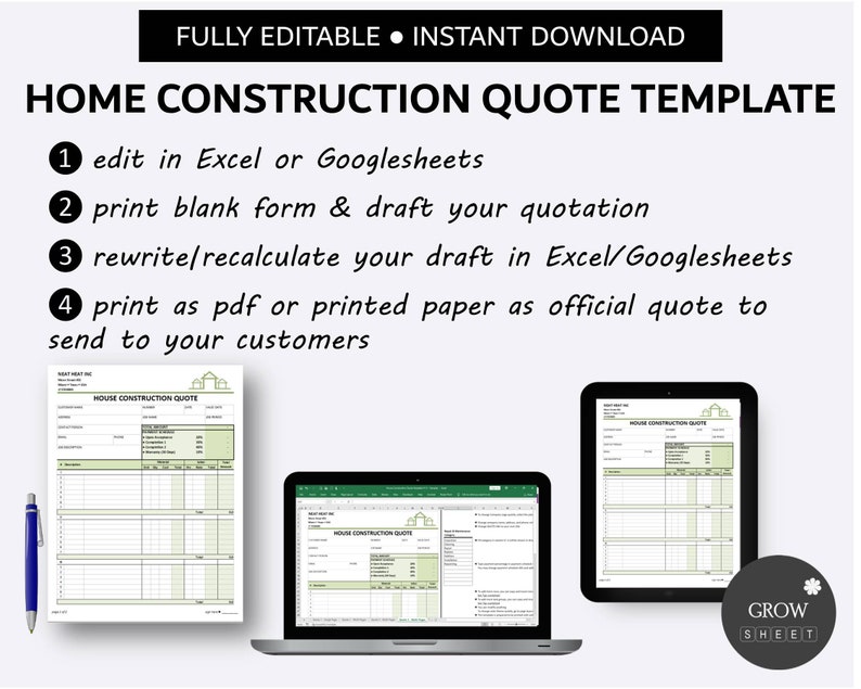 Printable House Construction Quote Template | Price Quotation Form for ...
