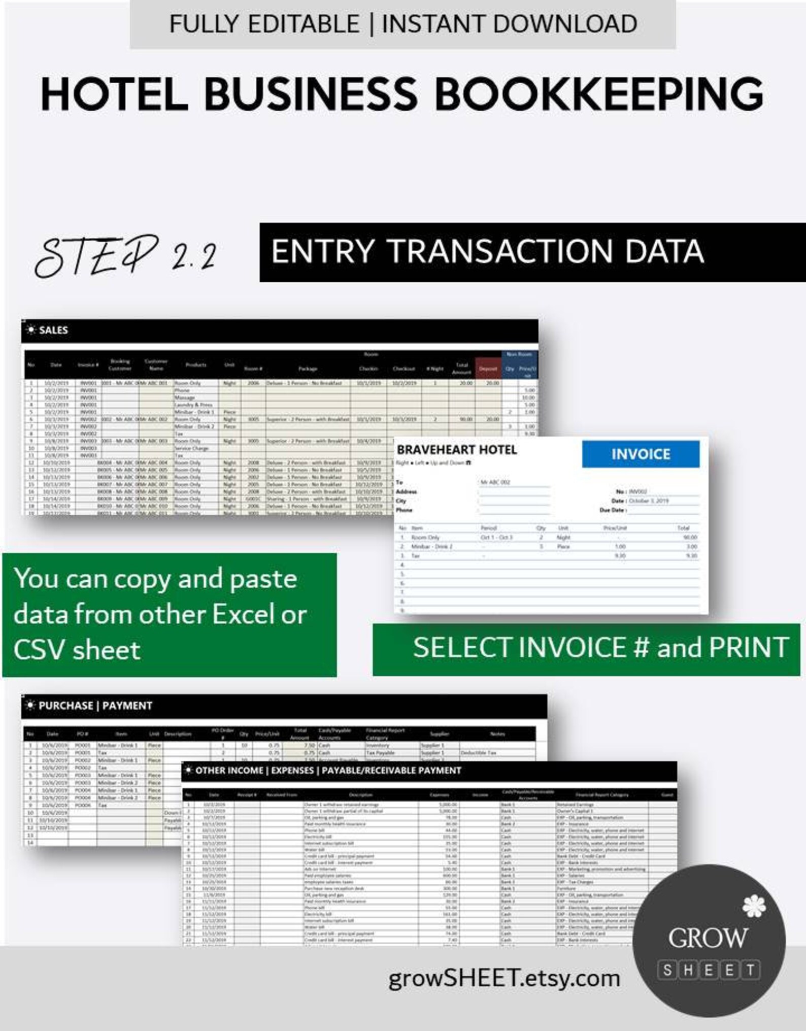 Hotel Business Bookkeeping Template | Room Rental Income Statement ...
