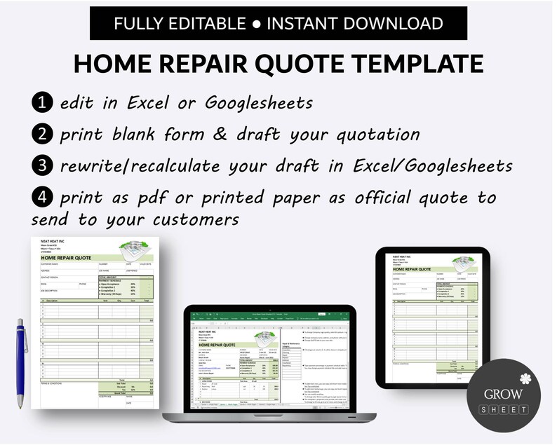 Printable Home Repair Quote Template | Home Renovation Price Quotation ...