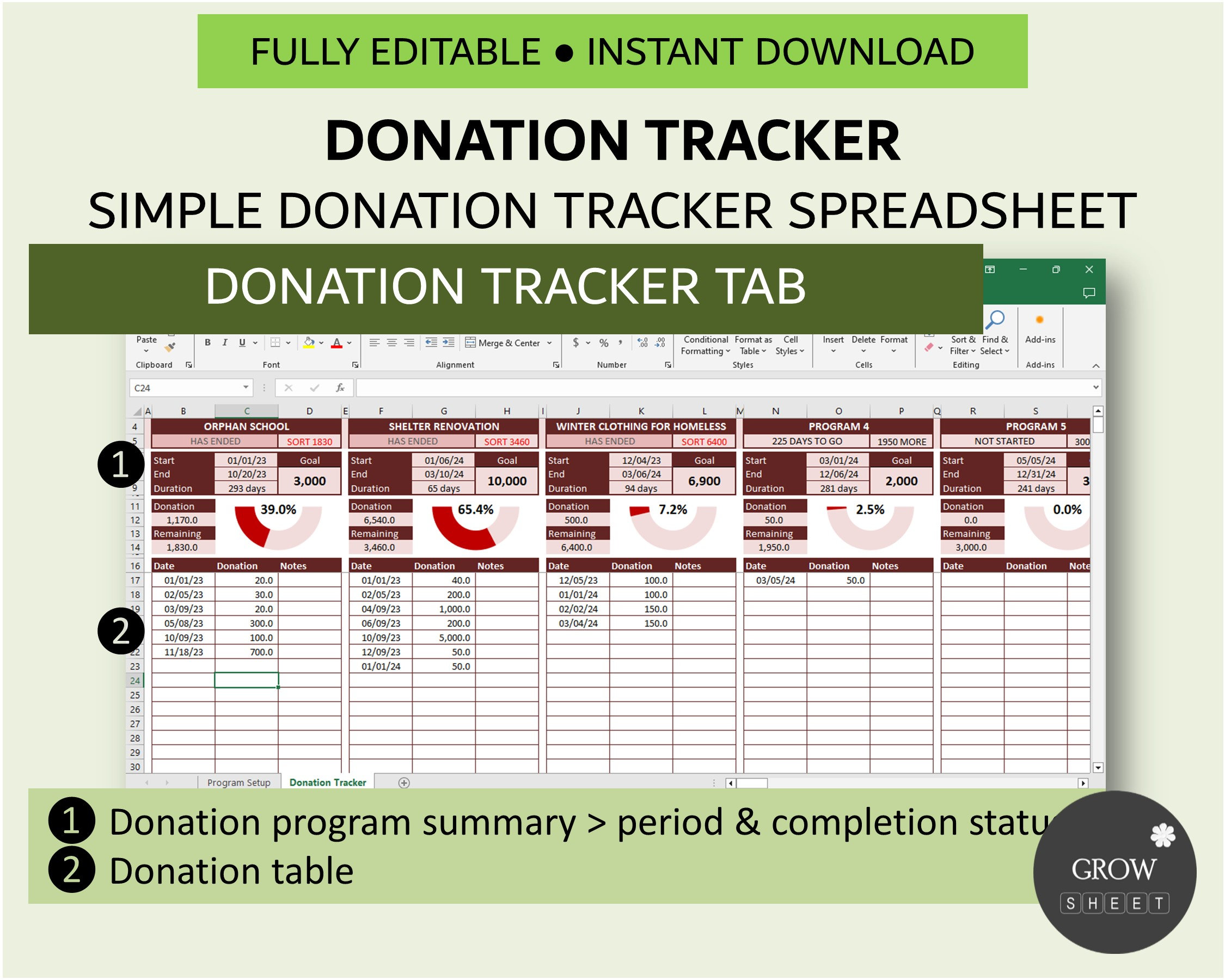 Donation Tracker Spreadsheet | Simple Donation Program Planner and ...