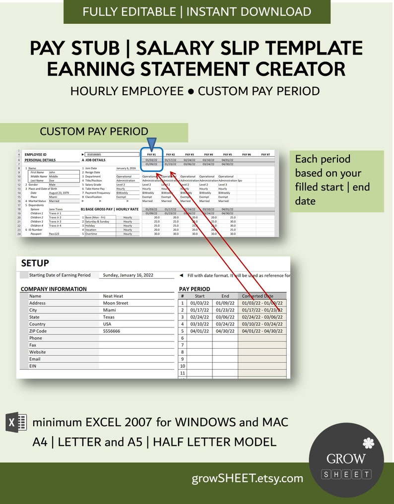 Pay Stub Generator With Database | Pay Slip Creator for Hourly Employee | Custom Pay Period ...