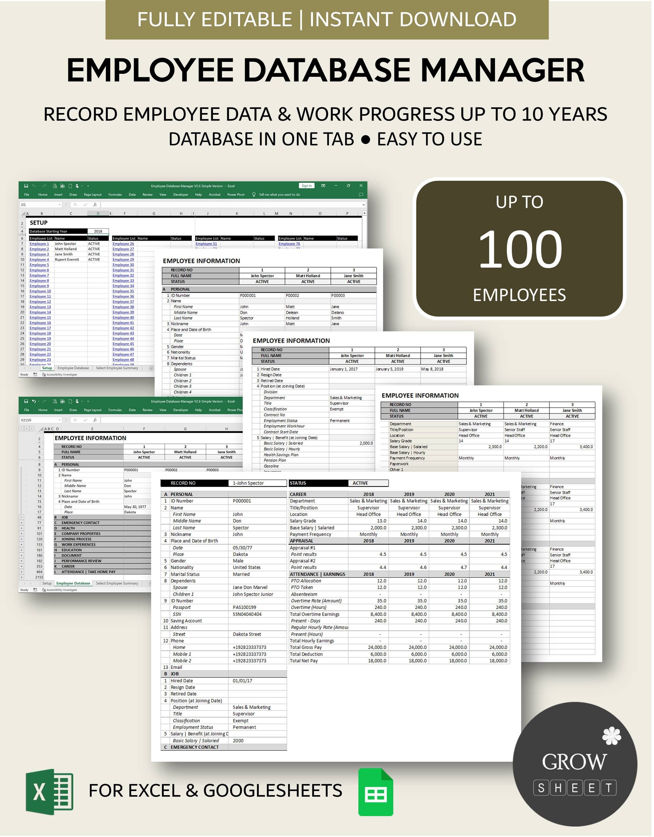 Simple Employee Database Manager for Excel and Google Sheets | Employee ...