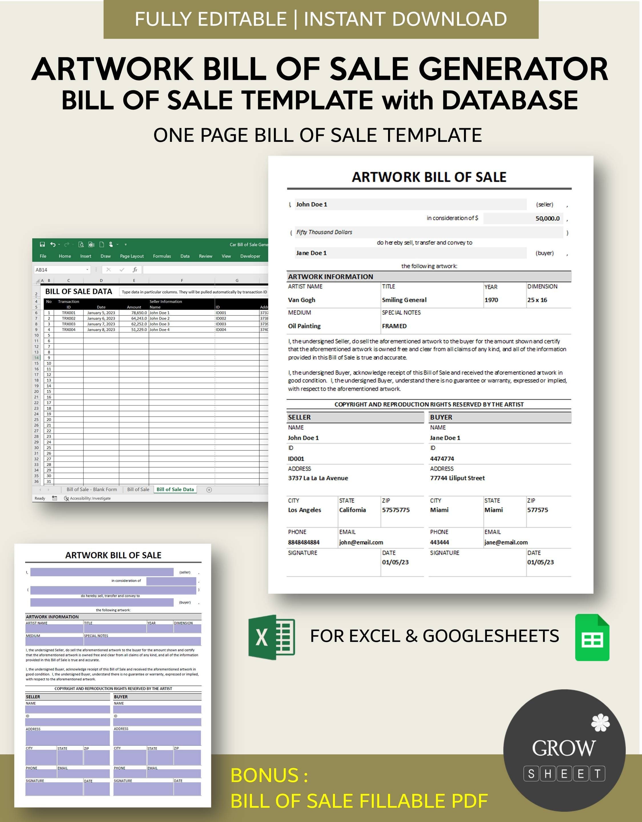 Artwork Bill of Sale Generator | One Page Artist Bill of Sale Template ...