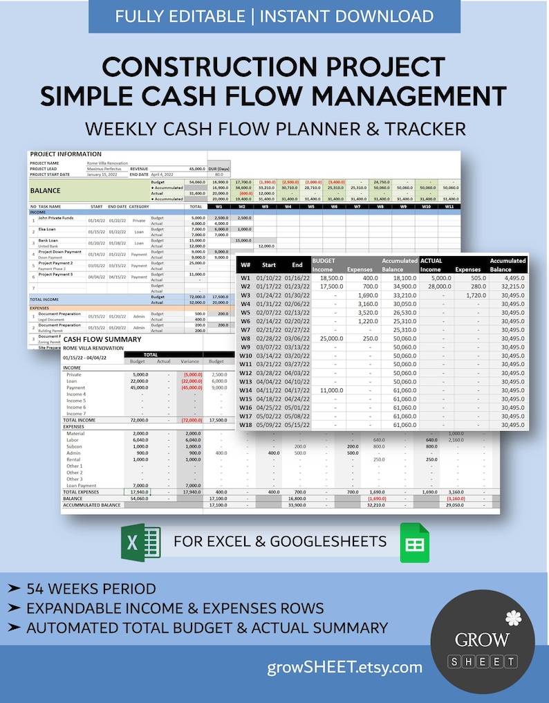 Simple Construction Project Cash Flow Planner and Tracker Spreadsheet ...