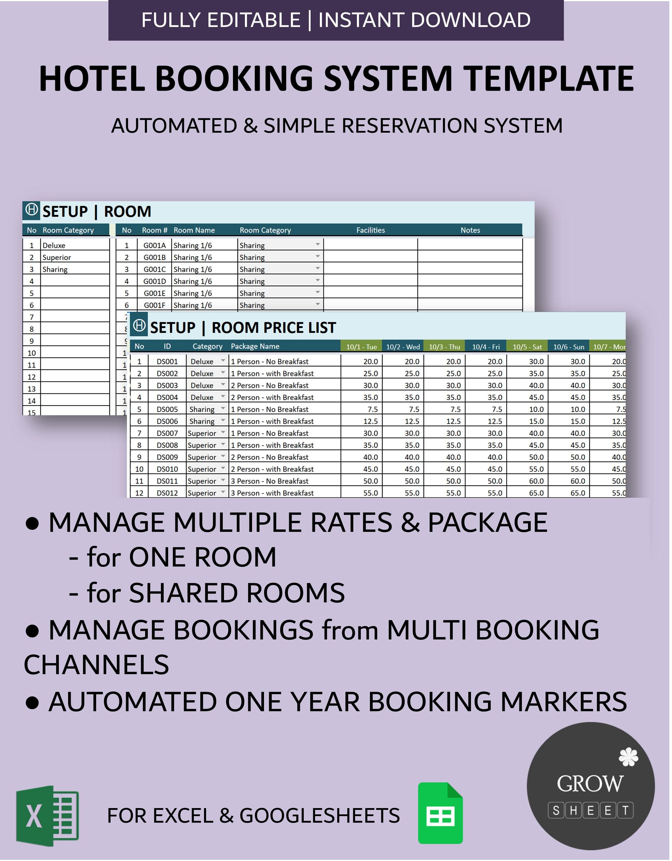 Hotel Booking System Template | Hotel Reservation Spreadsheet for Excel ...