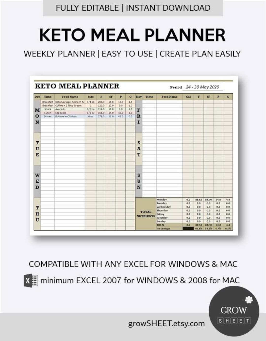 Keto Meal Planner - Excel Template | Fully Editable Ketogenic Weekly ...