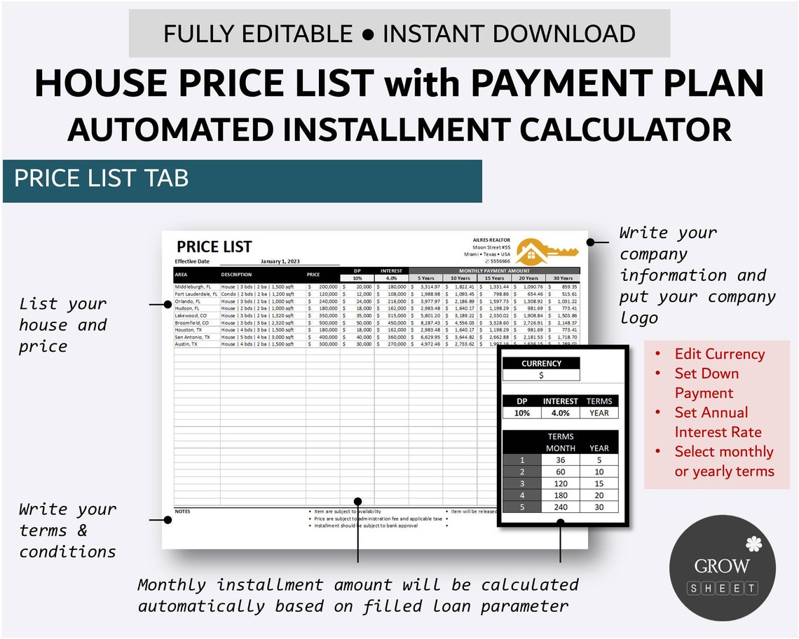 Real Estate Price List With Payment Plan Realtor Installment - Etsy