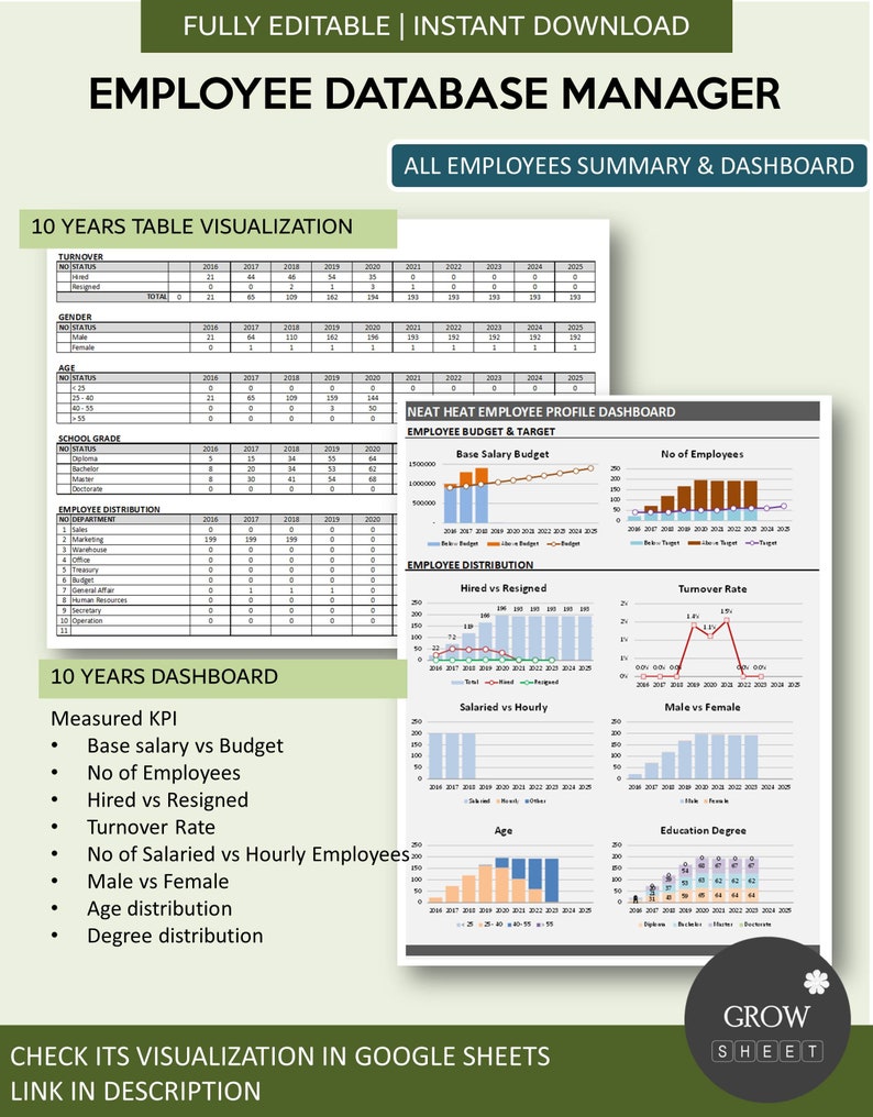 Employee Database Management System for Excel and Google Sheets | Human ...