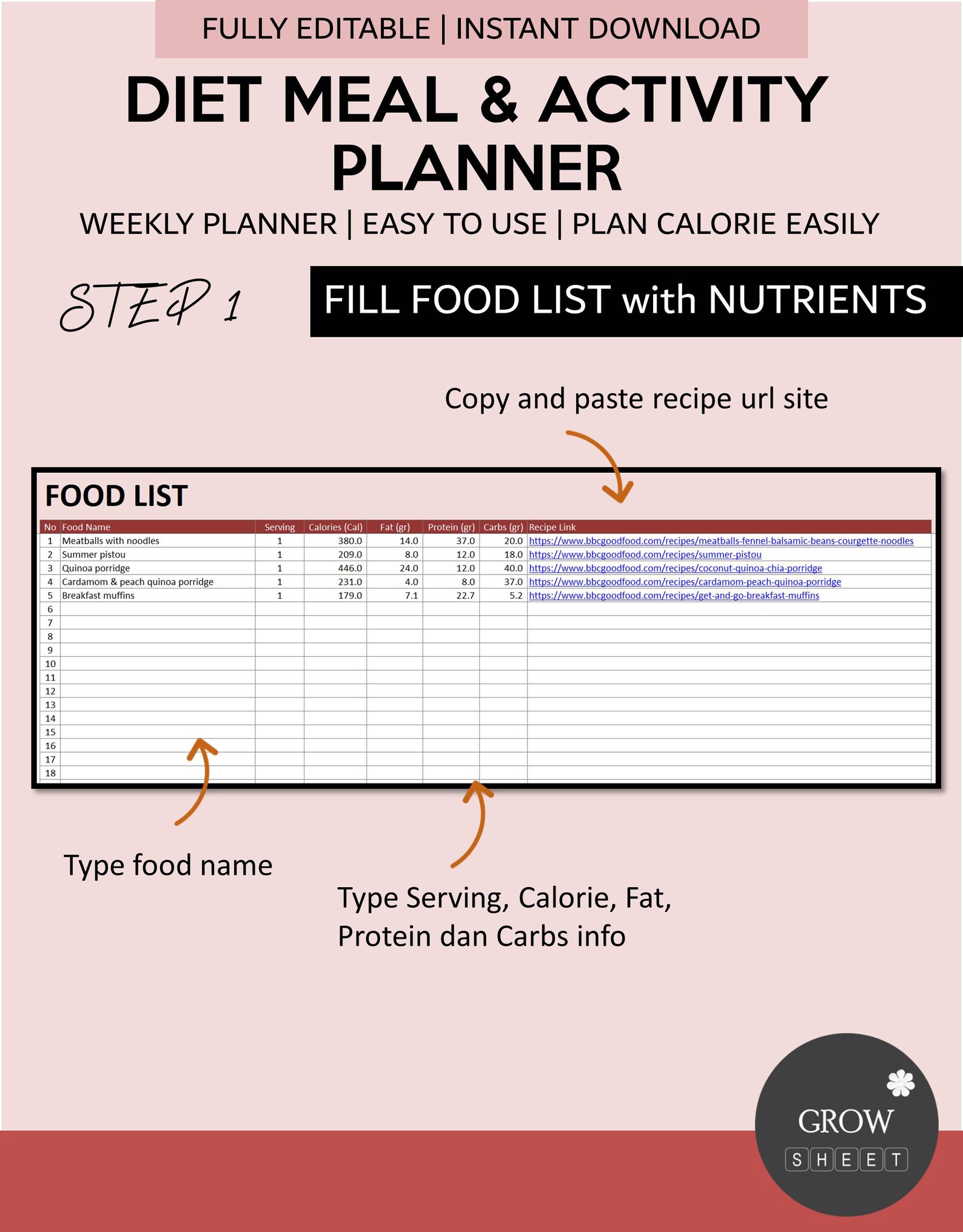 Diet Meal and Activity Planner for Excel and Google Sheets | Fully ...