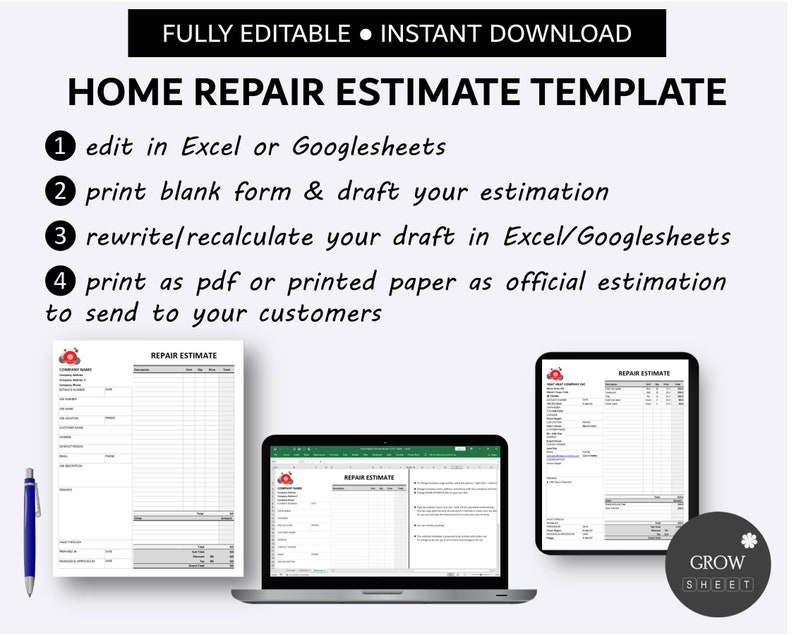 Home Repair Estimate Template | Job Estimate Form | Work Estimate ...