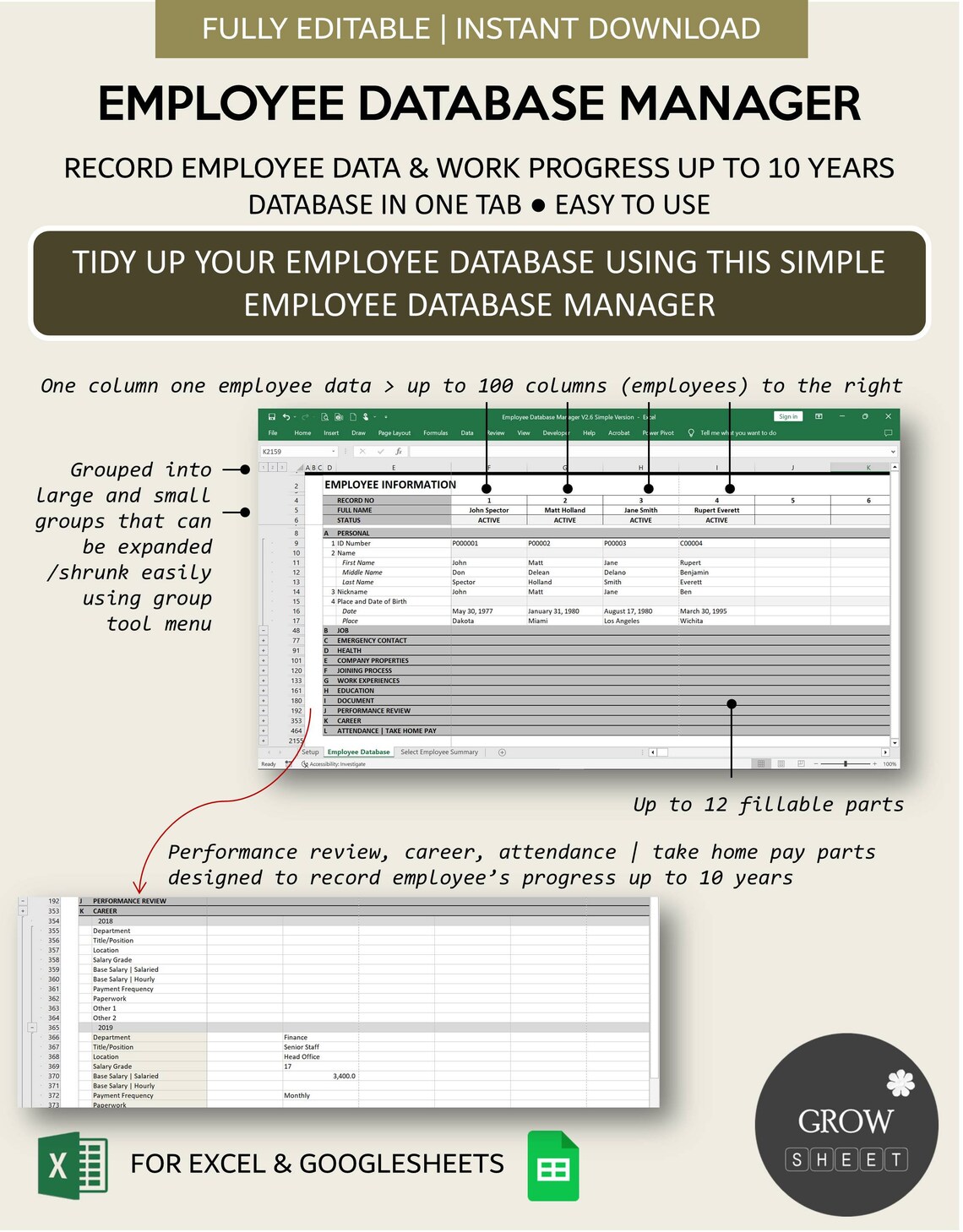 Simple Employee Database Manager for Excel and Google Sheets | Employee Career Tracker | 100 ...