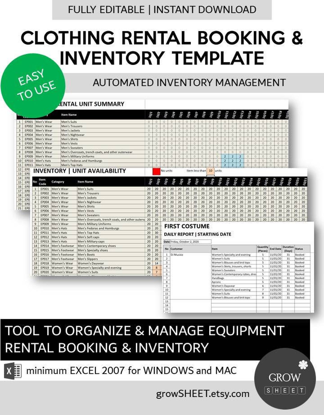 Clothing Rental Booking and Inventory Management Template | Wedding and ...