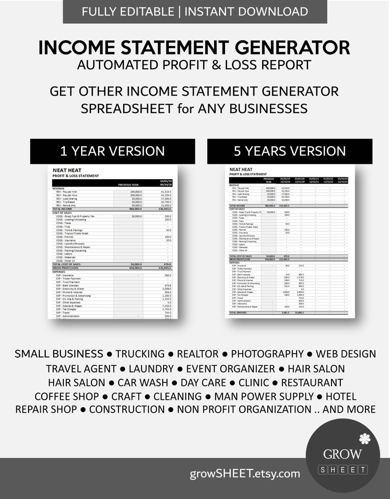 Hair Salon Business Income Statement Generator Salon Profit & Loss ...