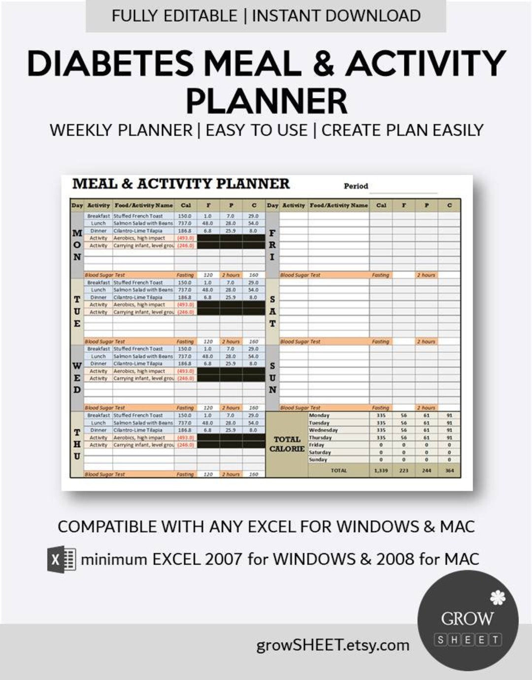 Diabetes Meal and Activity Planner - Excel Template | Fully Editable ...