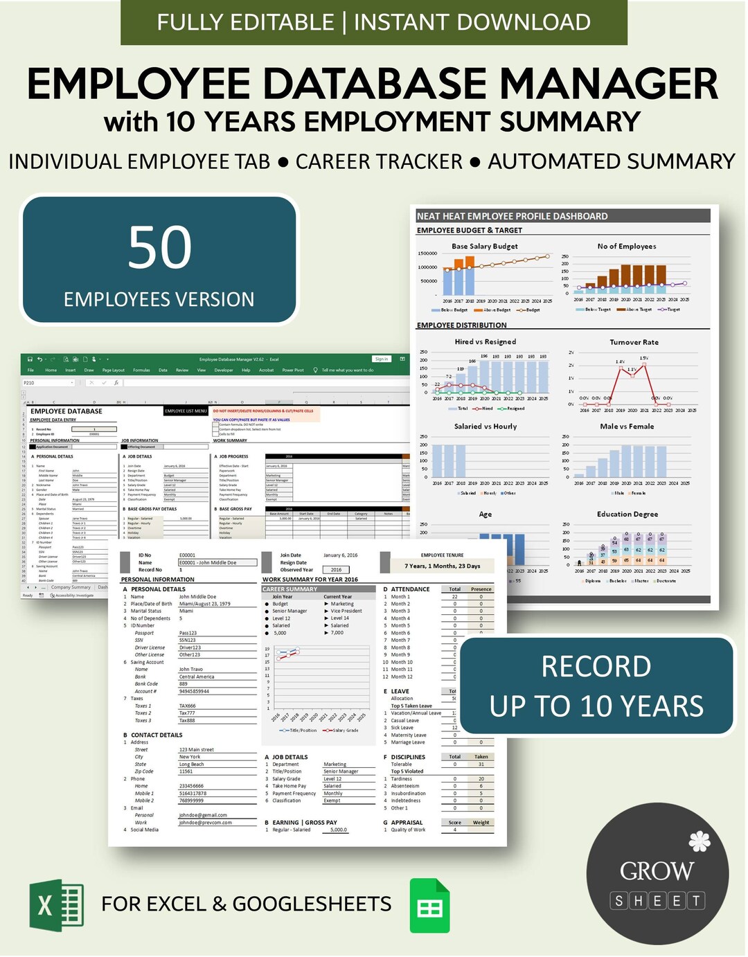 Employee Database Management System for Excel and Google Sheets | Human ...