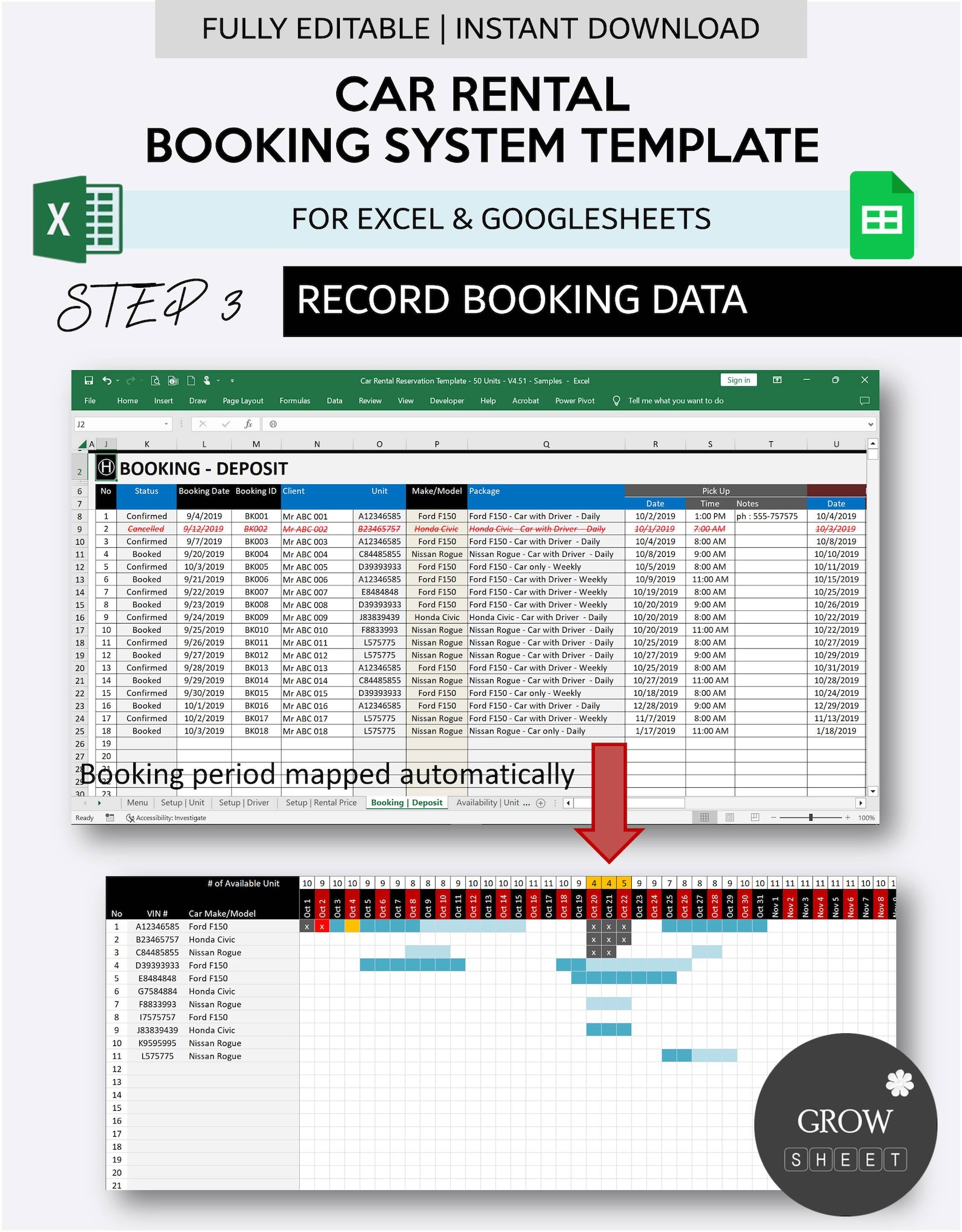 Car Rental Booking System Template Vehicle Reservation Spreadsheet for ...