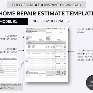 Home Repair Estimate Template | Job Estimate Form | Work Estimate ...