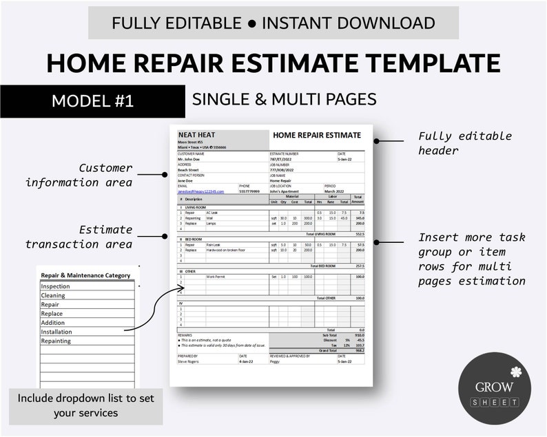 Home Repair Estimate Template | Job Estimate Form | Work Estimate ...