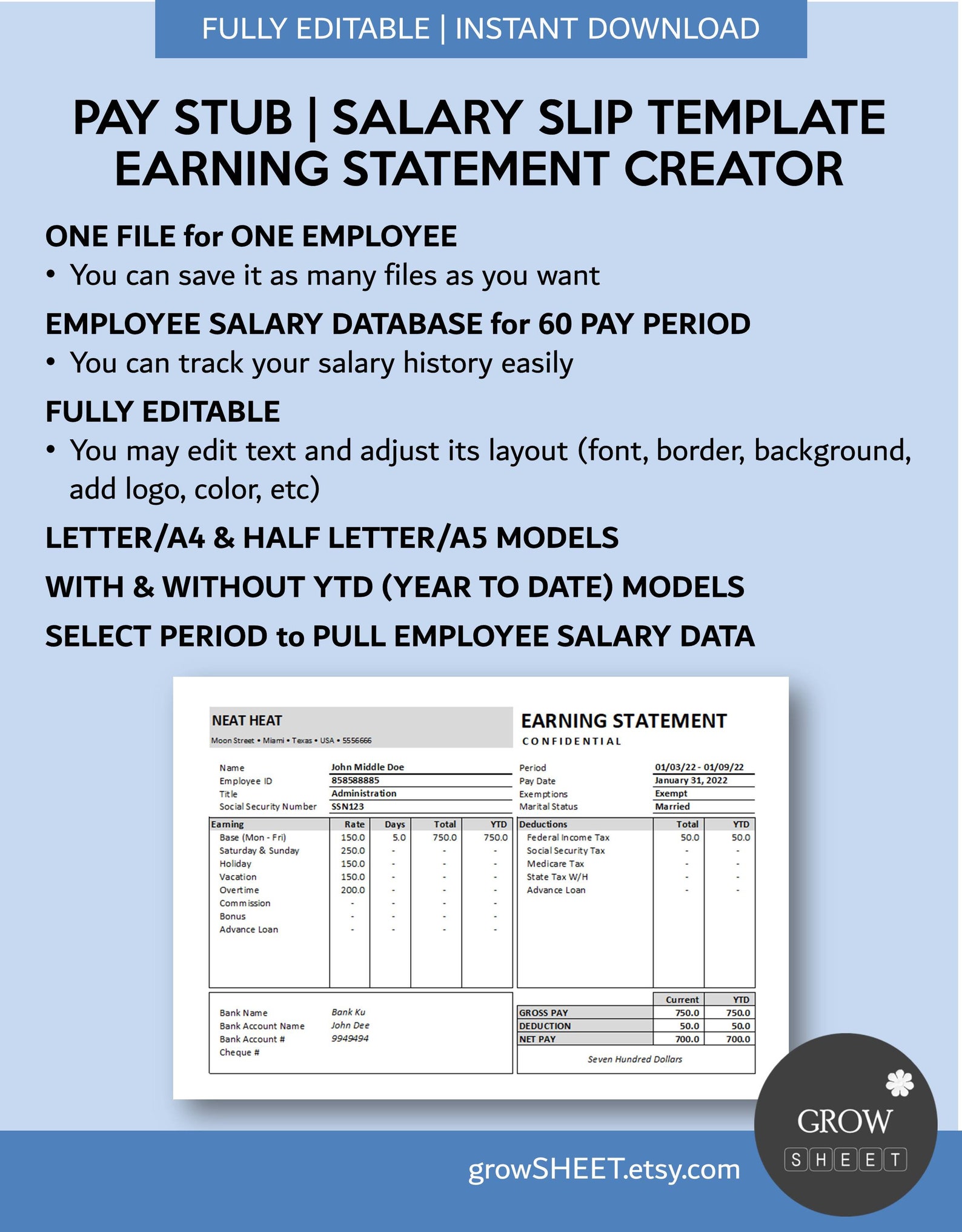 Salary Slip Generator | Earning Statement Template | Pay Slip Creator ...