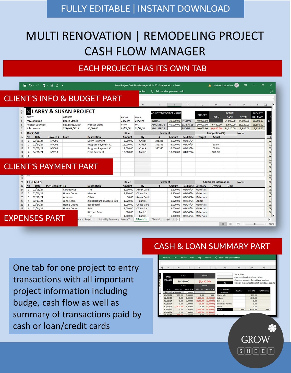 Multi Remodeling and Renovation Project Cash Flow Tracker Spreadsheet Project Cash Flow and Loan ...