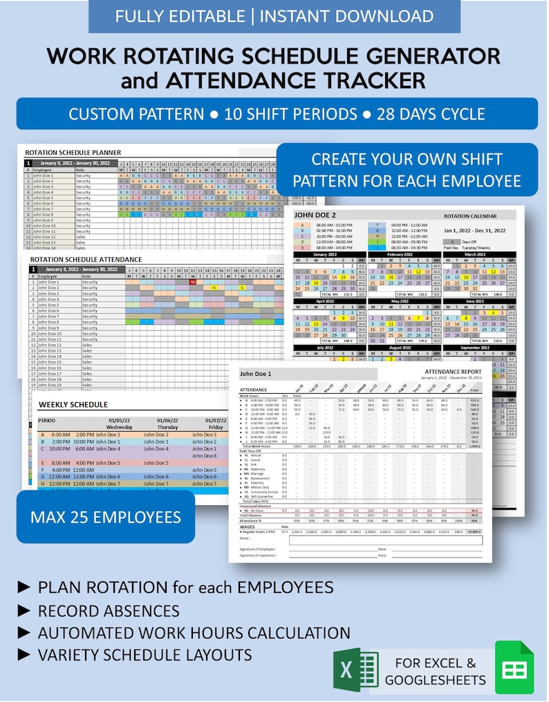 Work Rotating Generator Template and Attendance Tracker | Automated ...