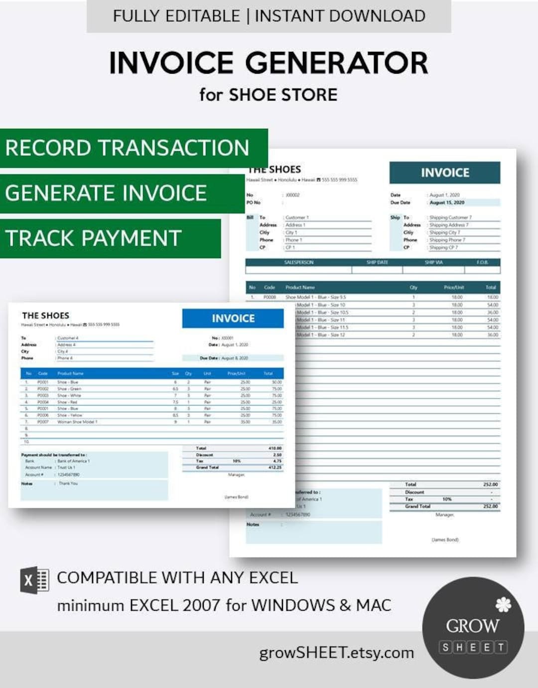 Invoice Generator for Shoe Stores | Excel Invoice Template for Shoe ...