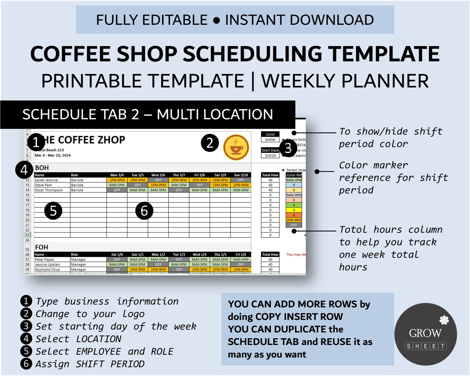 Coffee Shop Scheduling Template for Excel and Google Sheets | Multi ...