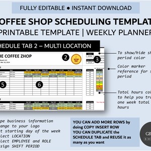 Coffee Shop Scheduling Template for Excel and Google Sheets | Multi ...