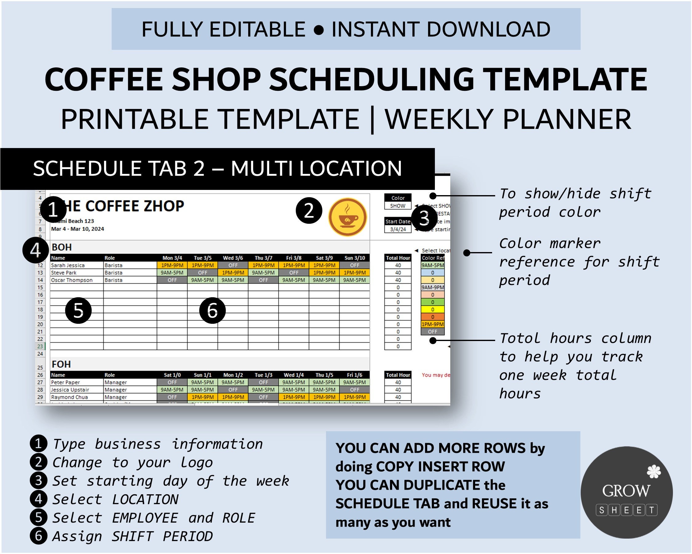 Coffee Shop Scheduling Template for Excel and Google Sheets | Multi ...
