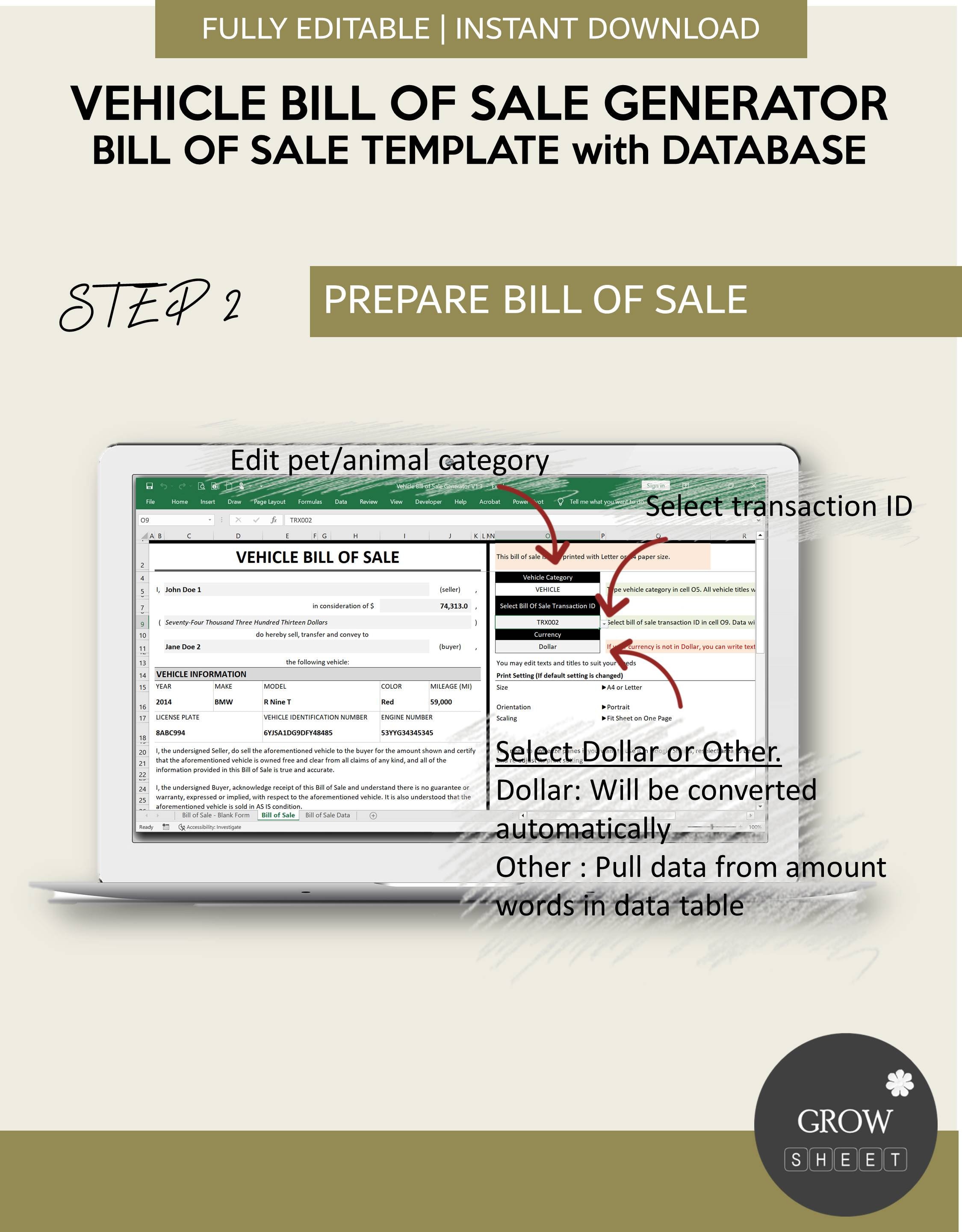 Vehicle Bill of Sale Generator One Page Bill of Sale Template With ...