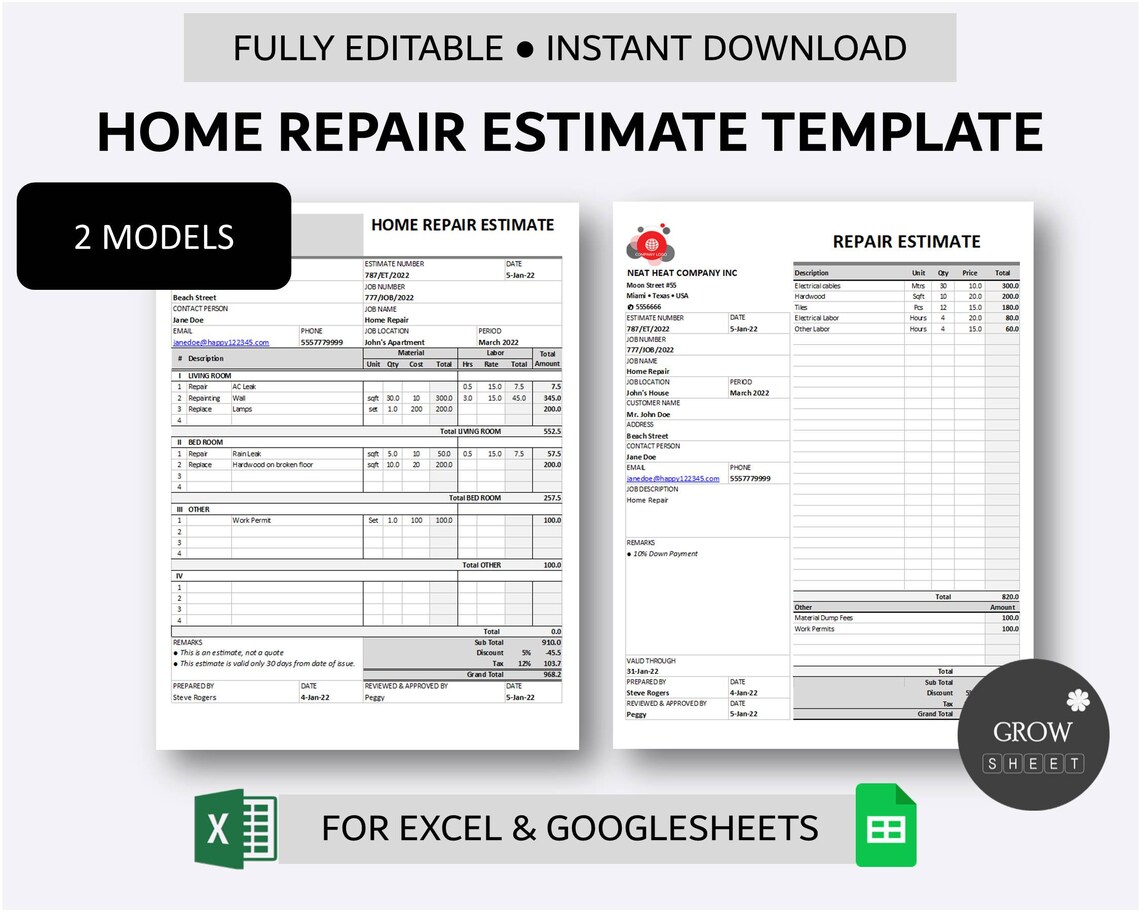 Home Repair Estimate Template | Job Estimate Form | Work Estimate ...