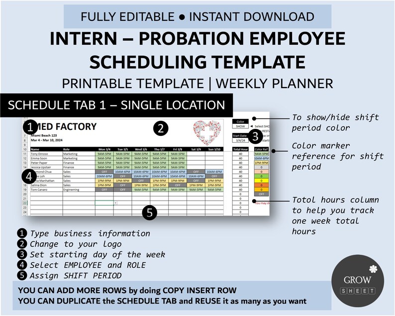Intern-probation Employee Scheduling Template | Multi Roles-location ...