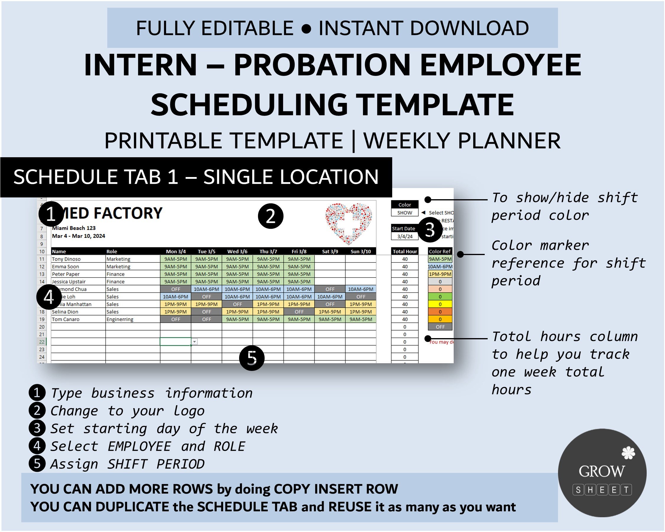 Intern-probation Employee Scheduling Template | Multi Roles-location ...