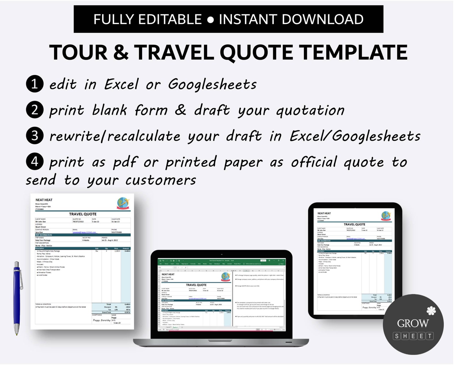 Printable Tour & Travel Package Quote Template for Excel and Google ...