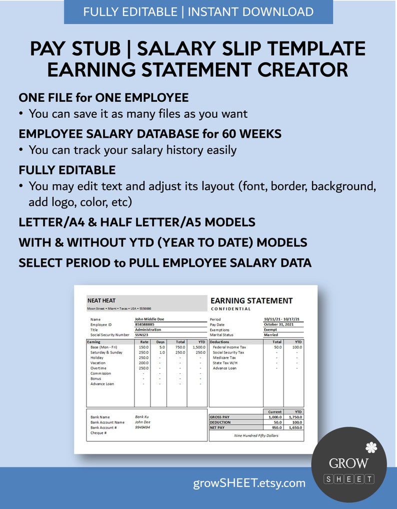 Salary Slip Generator | Earning Statement Template | Pay Slip Creator ...