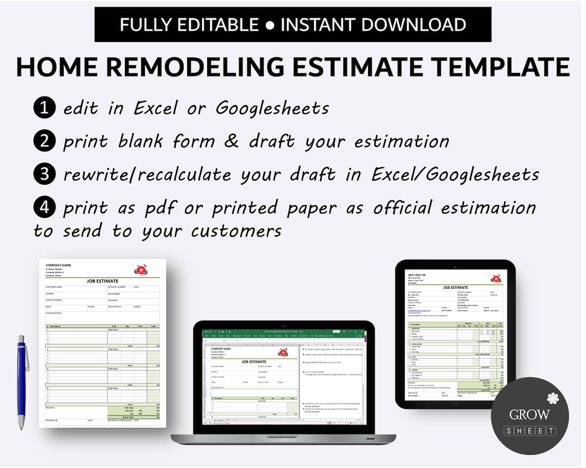 Printable Home Remodeling Estimate Template | Job Estimate Form for ...