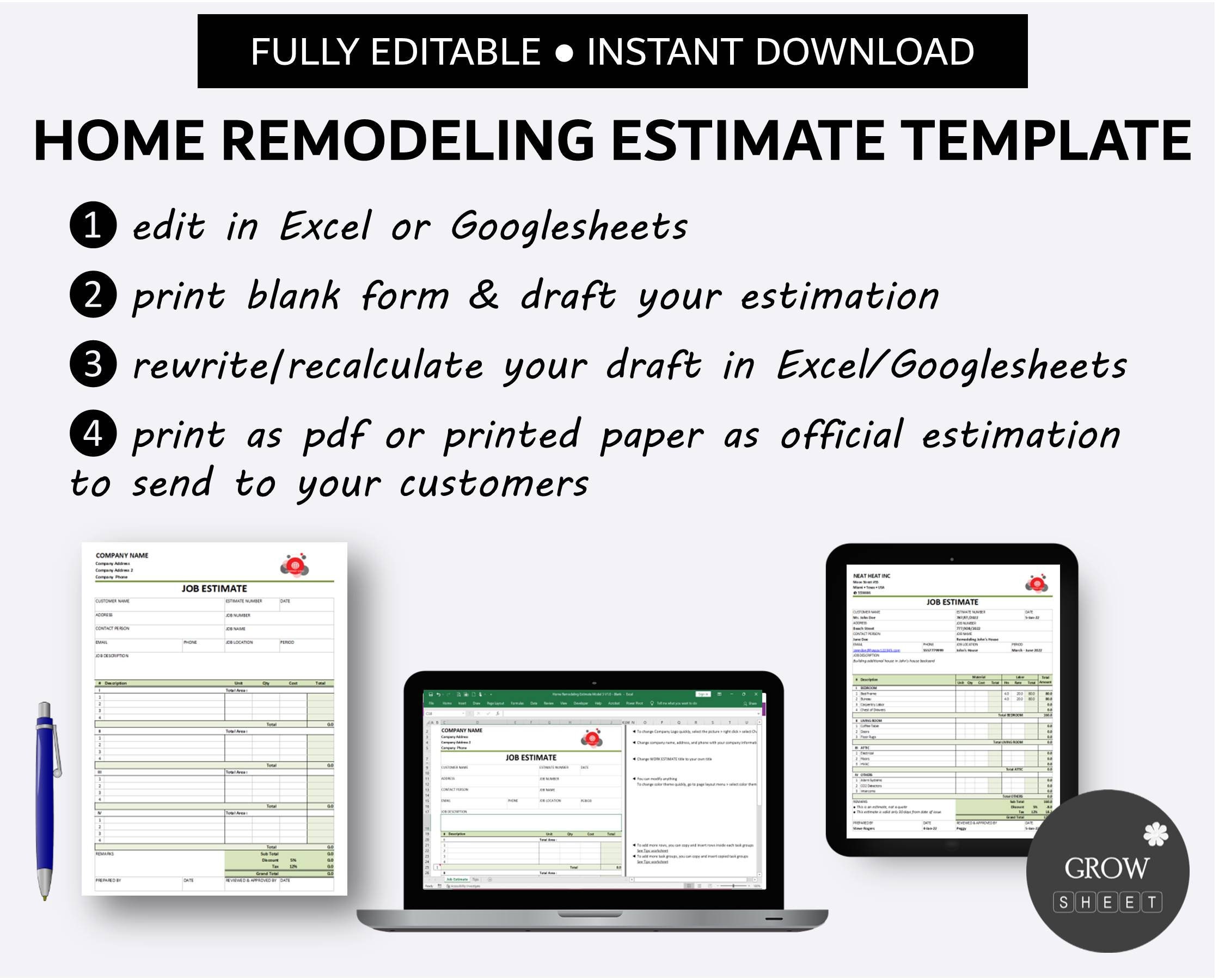 Printable Home Remodeling Estimate Template Job Estimate - Etsy