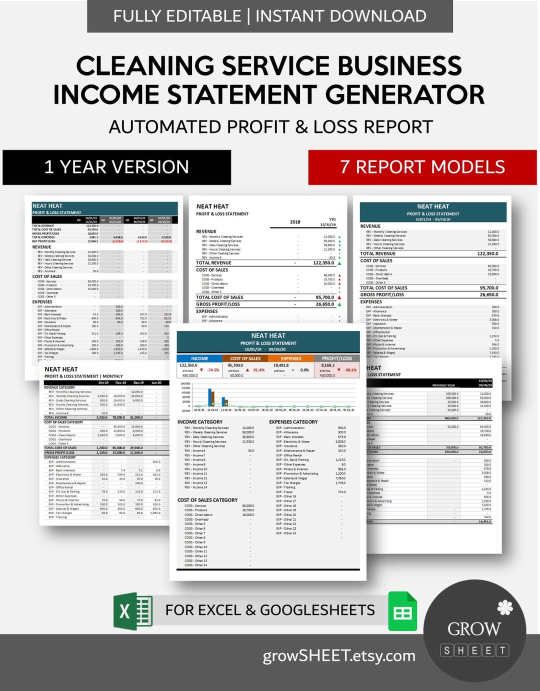 Cleaning Service Business Income Statement Generator | Profit & Loss ...