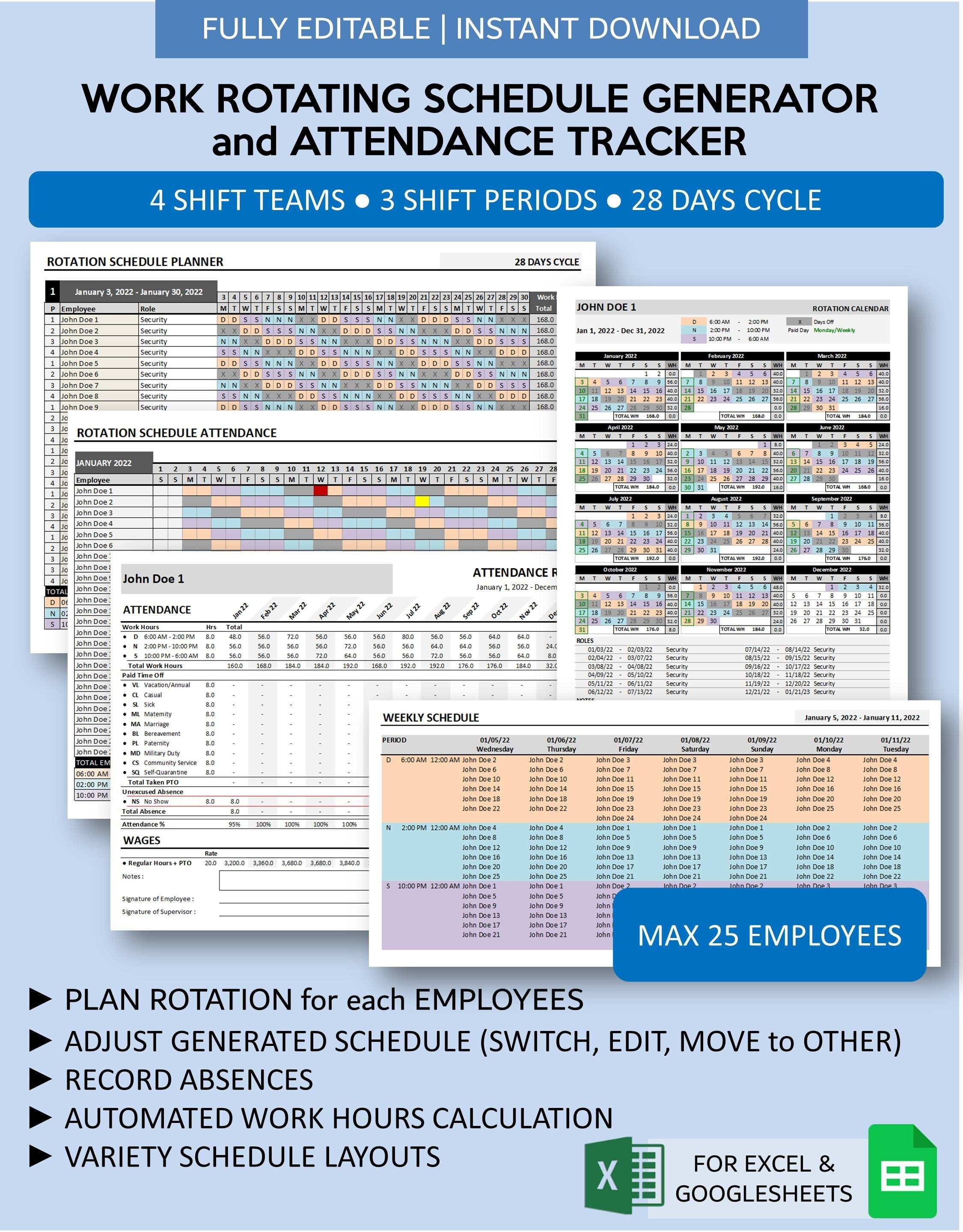 Work Rotating Generator Template and Attendance Tracker | Automated ...