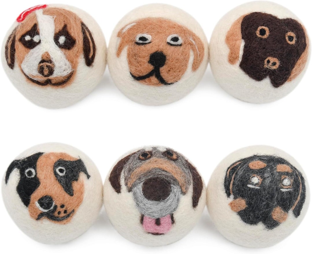 Dog Face Wool Dryer Balls Set: 6 Pcs XL Reusable Felt Dryer Balls, 100% ...