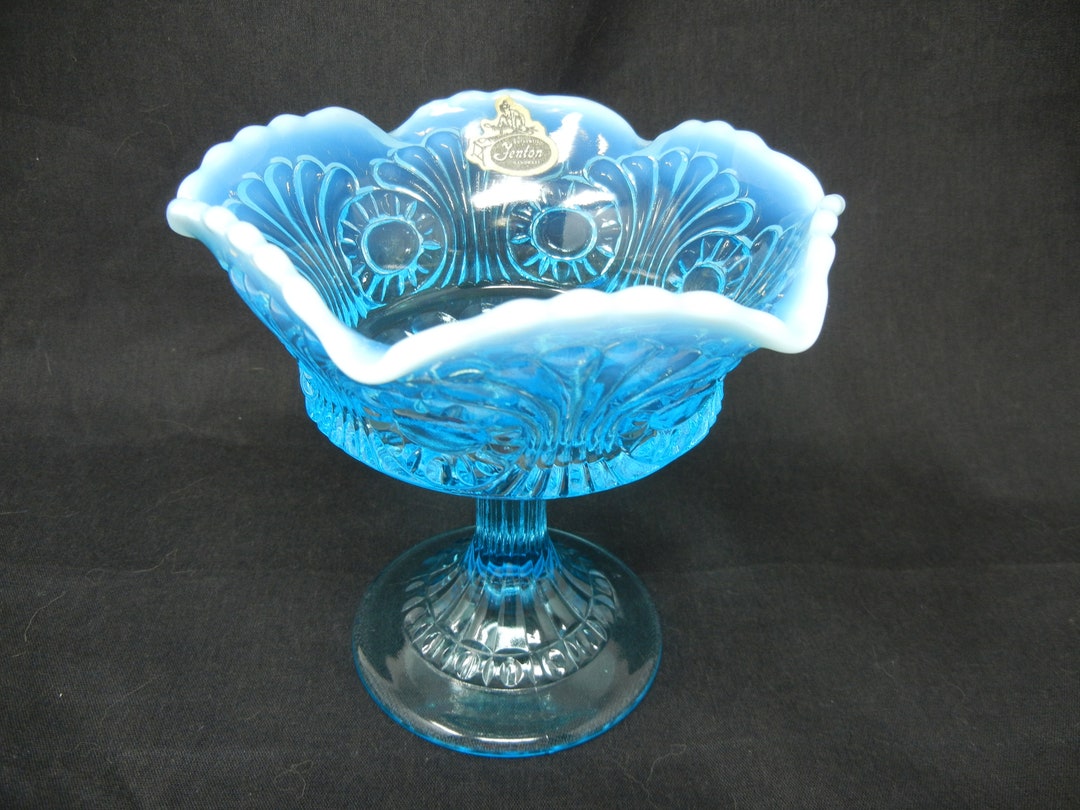 Fenton Blue Opalescent Scroll and Eye Compote - Etsy