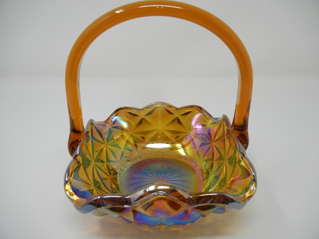 Fenton 7" Iridized Amber Diamond Pattern Basket. - Etsy