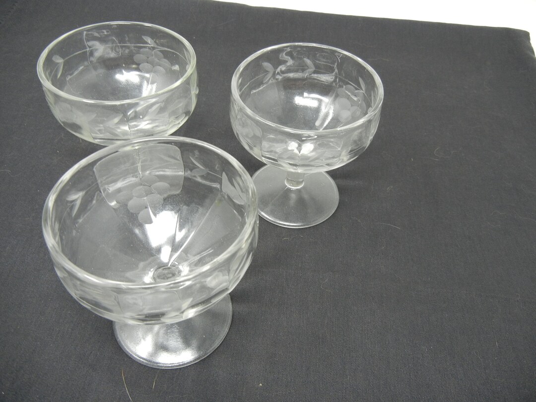 Clear Wide Panel Gray Cut Grape and Leaves Pattern Sherbets. Set of 3 ...