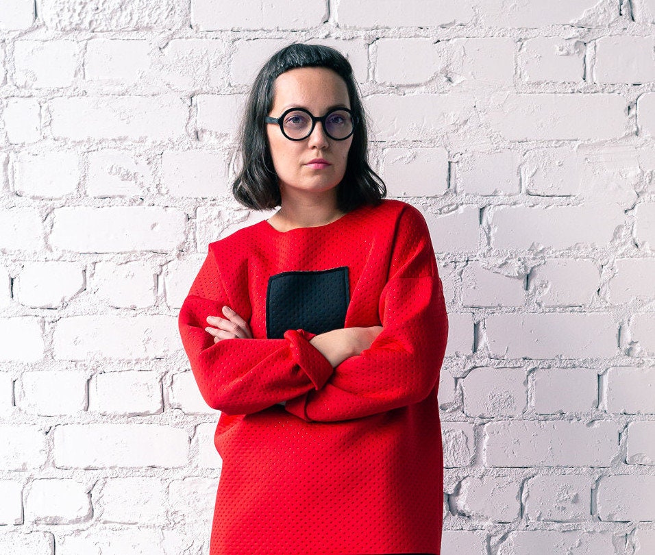 Strawberry Red Crew Neck Oversize Pullover With Side Pockets - Etsy