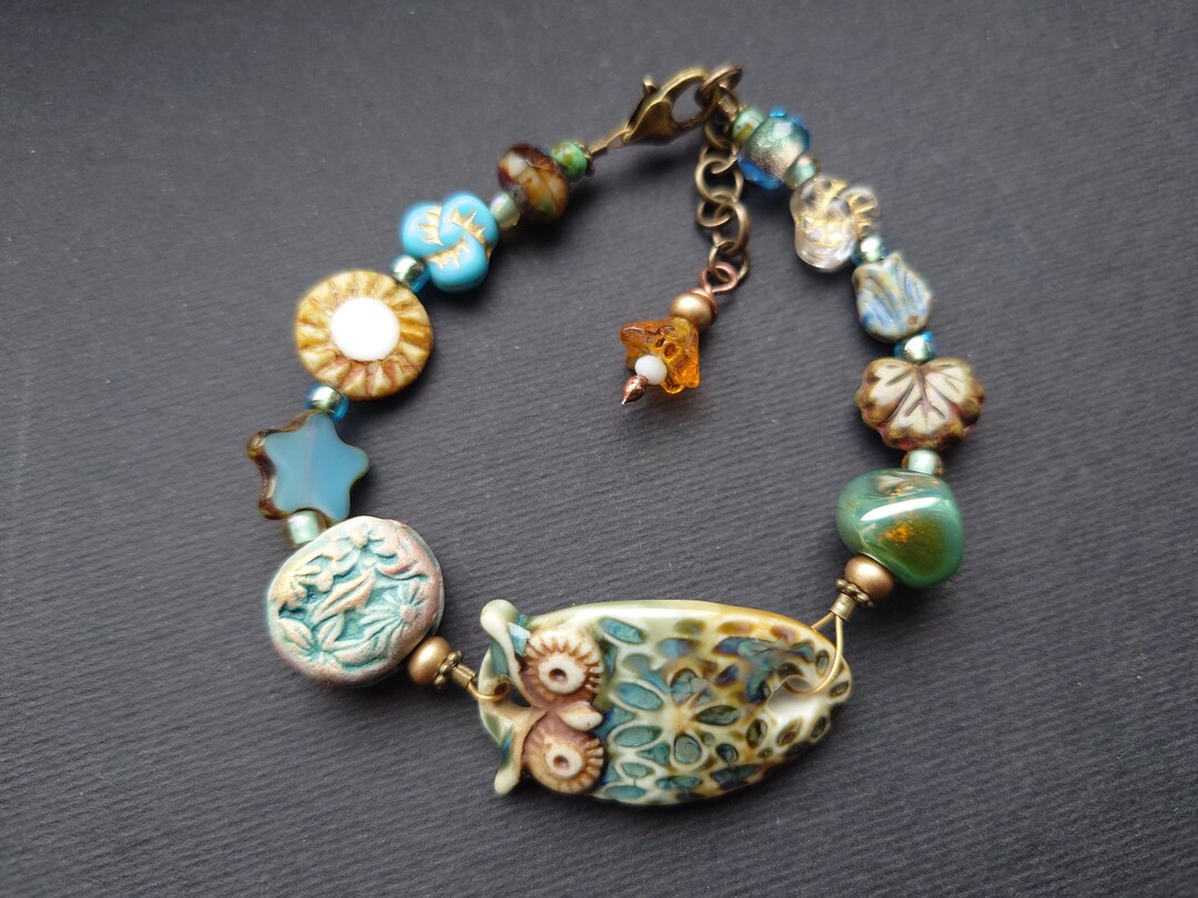 Owl Bracelet,autumn Bracelet,ceramic Bracelet,glass Bracelet,beaded ...