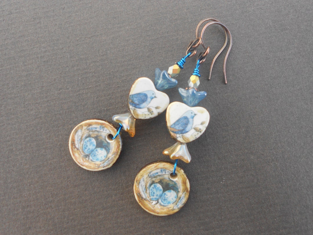 Bird Earrings,nest Earrings,ceramic Earrings,glass Earrings,heart ...