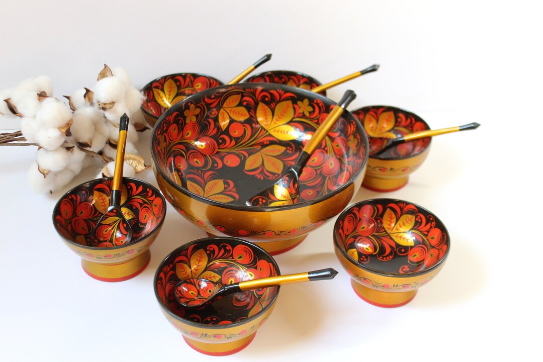 Kitchen Decor Vintage Russian Khokhloma Handpainted Wooden Dishes ...