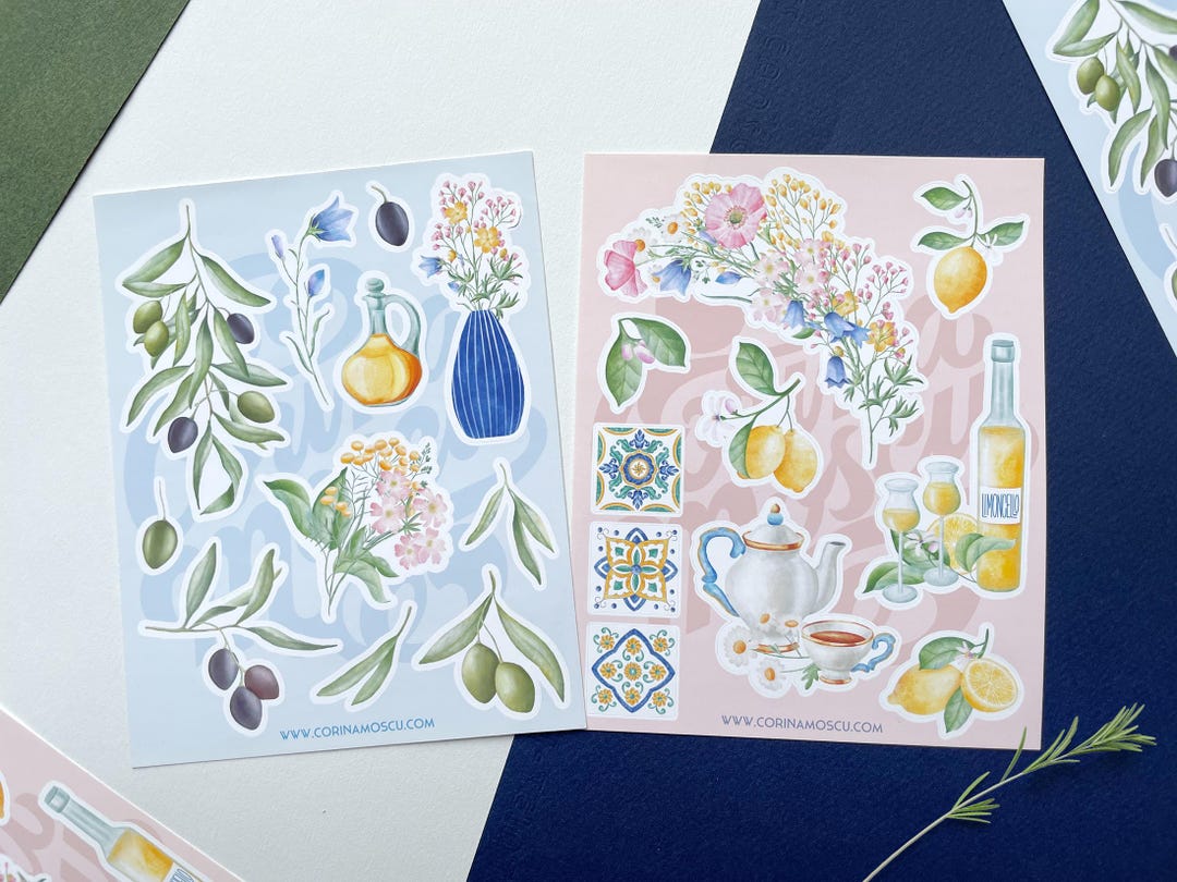 Mediterranean Illustrated Stickers. Italian Motifs Sticker Set ...