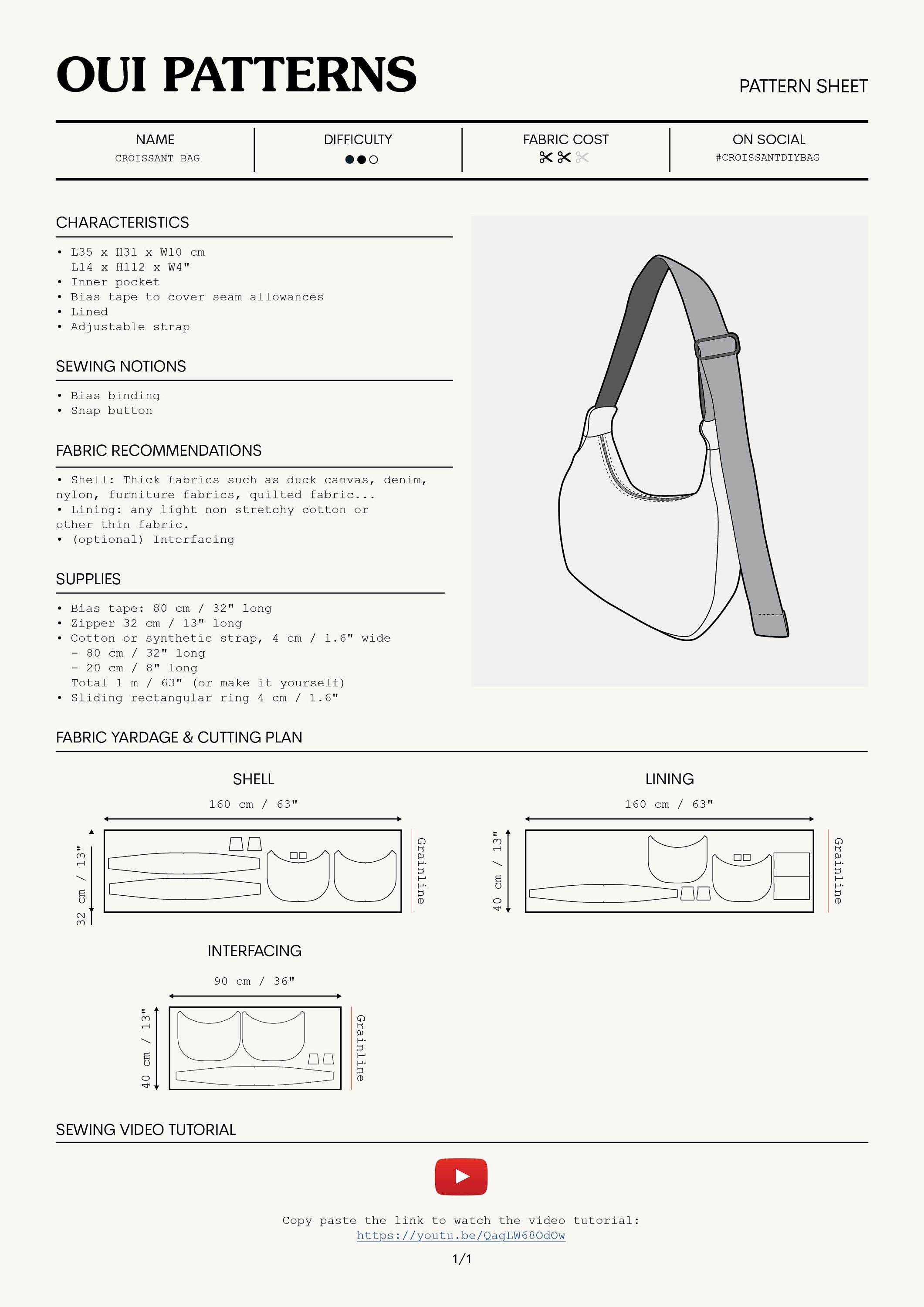 Croissant Bag | PDF Sewing Pattern | Free Video Tutorial (german and ...