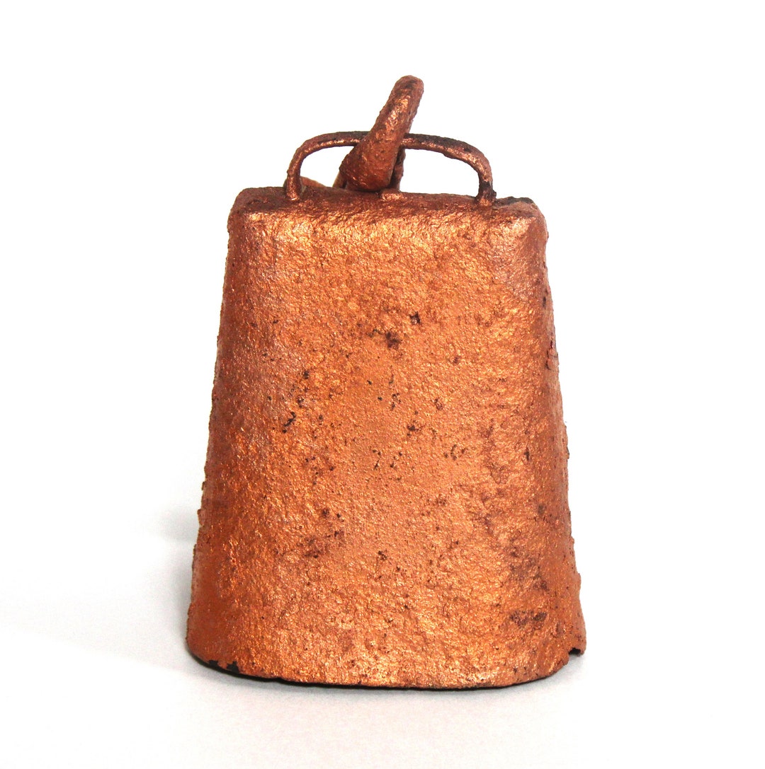 Primitive Antique Old Rusty Cow Bell With Leather Strap Painted Copper ...